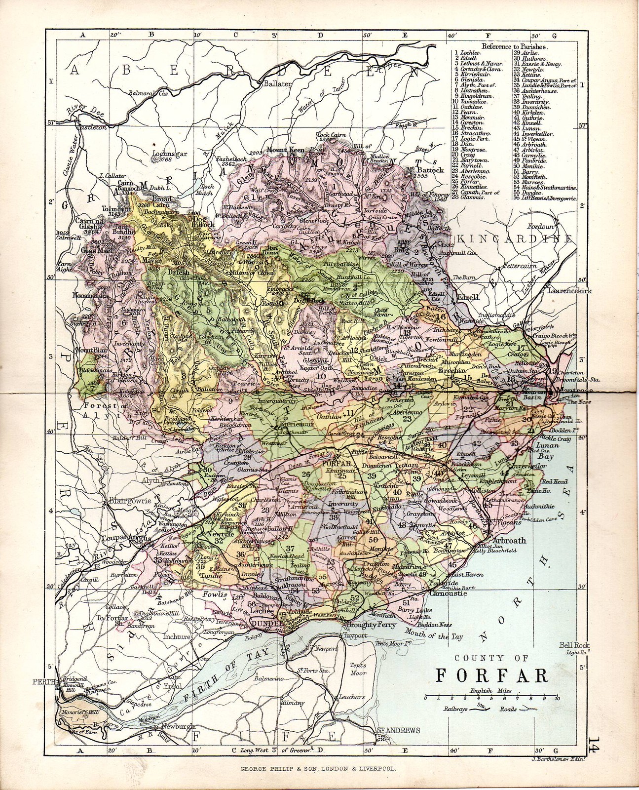 1890 MAP ~ COUNTIES OF SCOTLAND ~ FORFAR ~ SHOWING PARISHES LOCHLEE ...