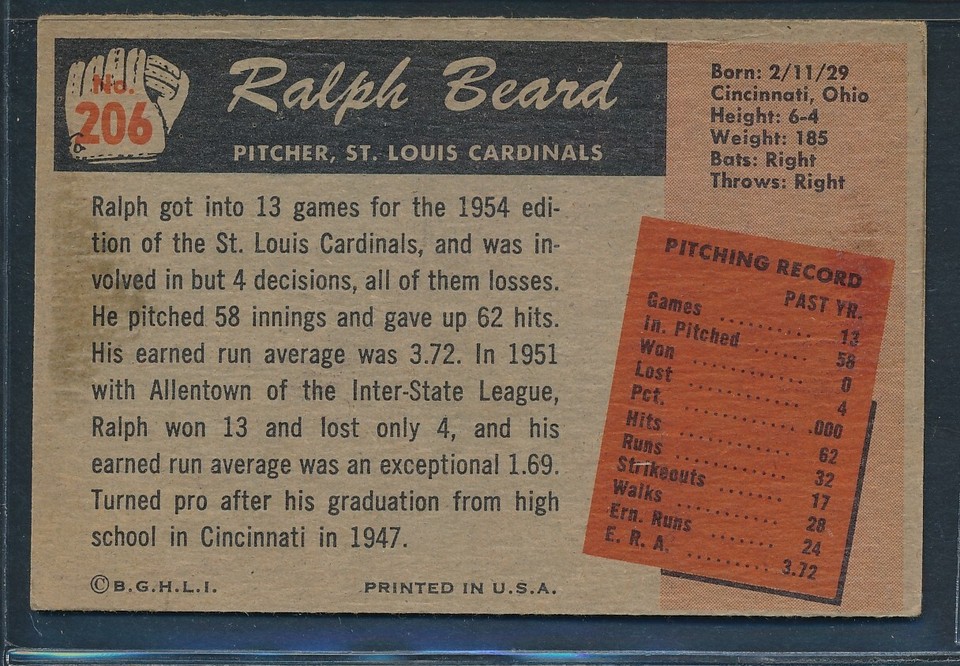 1955 Bowman Set-Break #206: RALPH BEARD "St. Louis Cardinals" ~ VG-EX+ ...