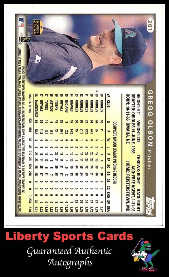 1999 Topps Gregg Olson #261 Authentic Autographed Card Arizona ...