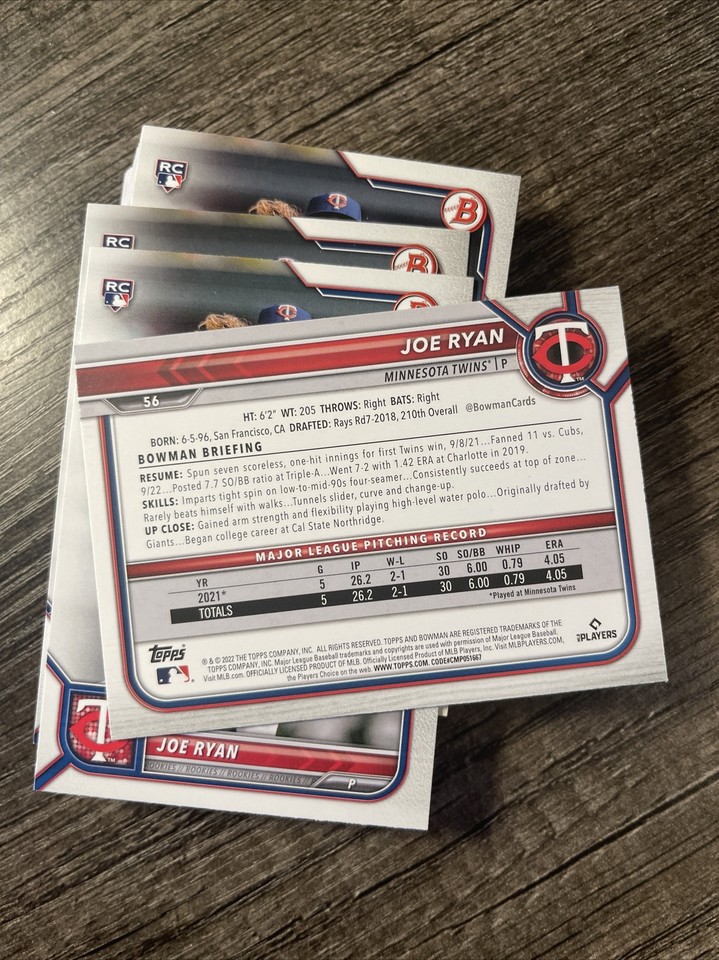 (31) 2022 Bowman Joe Ryan Rookie Card RC Investment Lot Of 31 Twins #56 ...