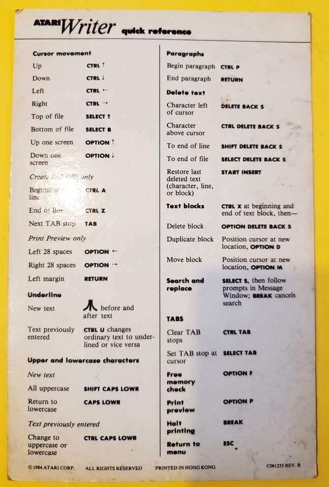 AtariWriter Quick Reference Sheet 1984 Atari Computer Word Processing ...