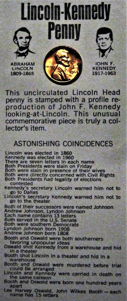 Red Unc 1964 Lincoln Kennedy Penny Astonishing Coincidences JFK Cent ...