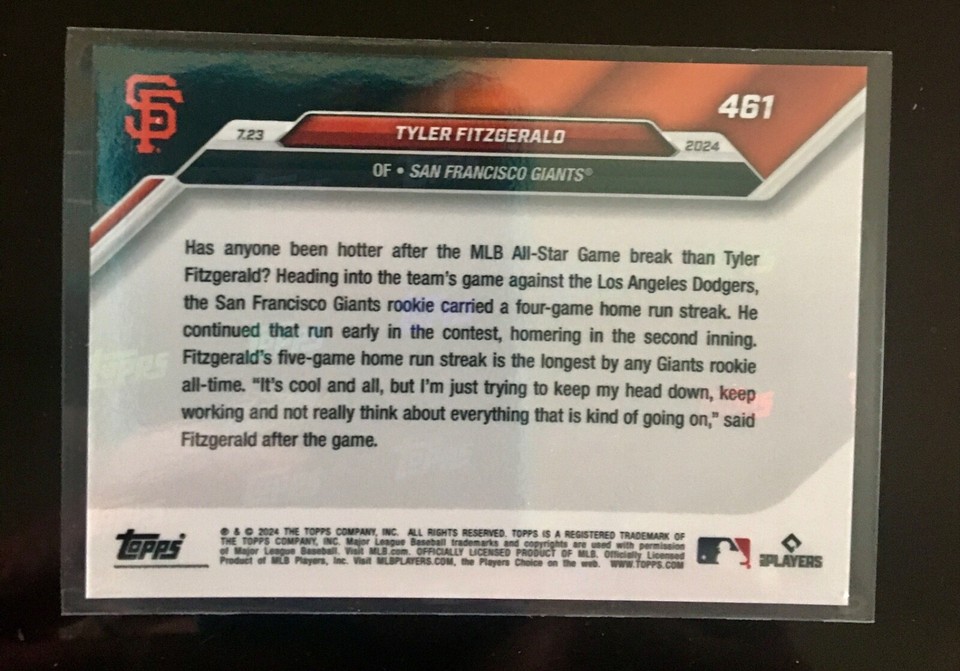 2024 TOPPS NOW 461 TYLER FITZGERALD GIANTS RC HOME RUN STREAK PURPLE 14 ...