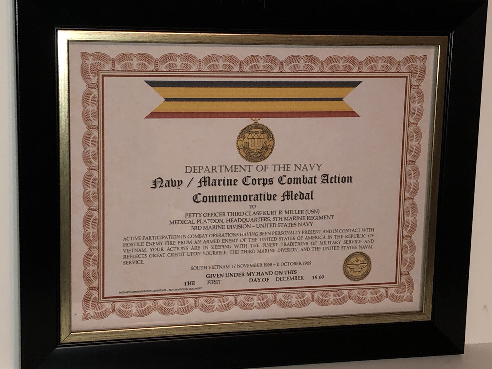 NAVY / MARINE CORPS COMBAT ACTION COMMEMORATIVE MEDAL CERTIFICATE ...