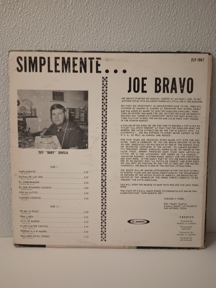 Joe Bravo - Simplemente Vinyl LP El Zarape ZLP-1067 Tejano | eBay