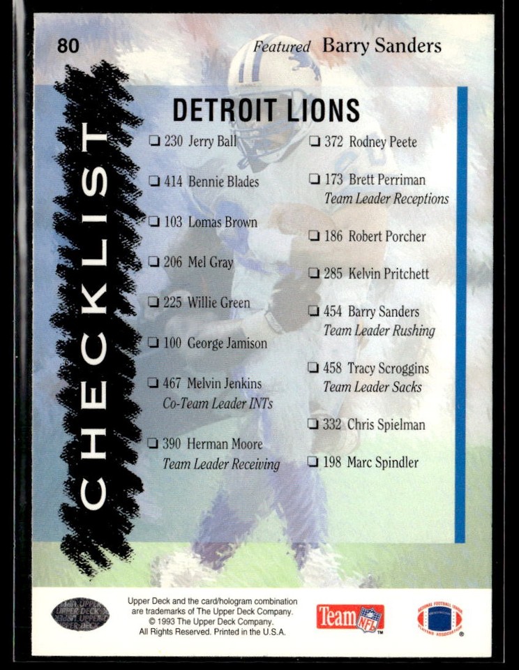 1993 Upper Deck #80 Lions Barry Sanders Checklist Lions Football Card ...