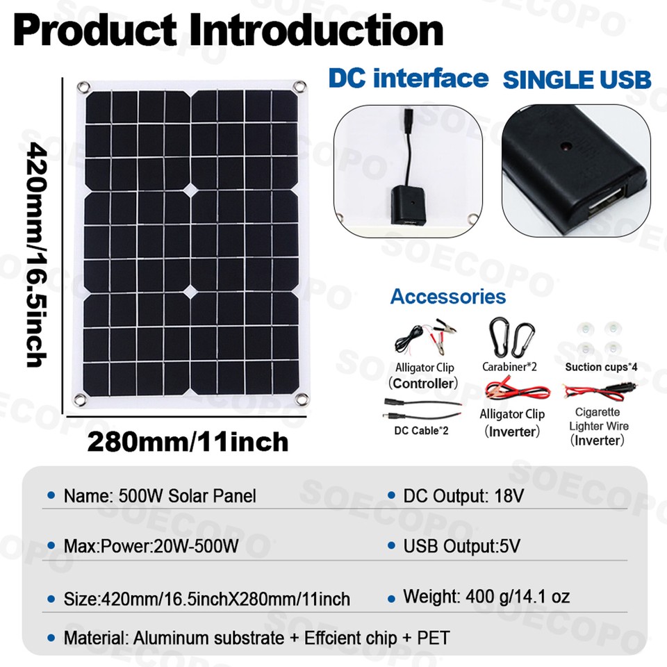 7000W PWM Inverter 500W Solar Panel Kit 12V DC to 220V AC 100A ...