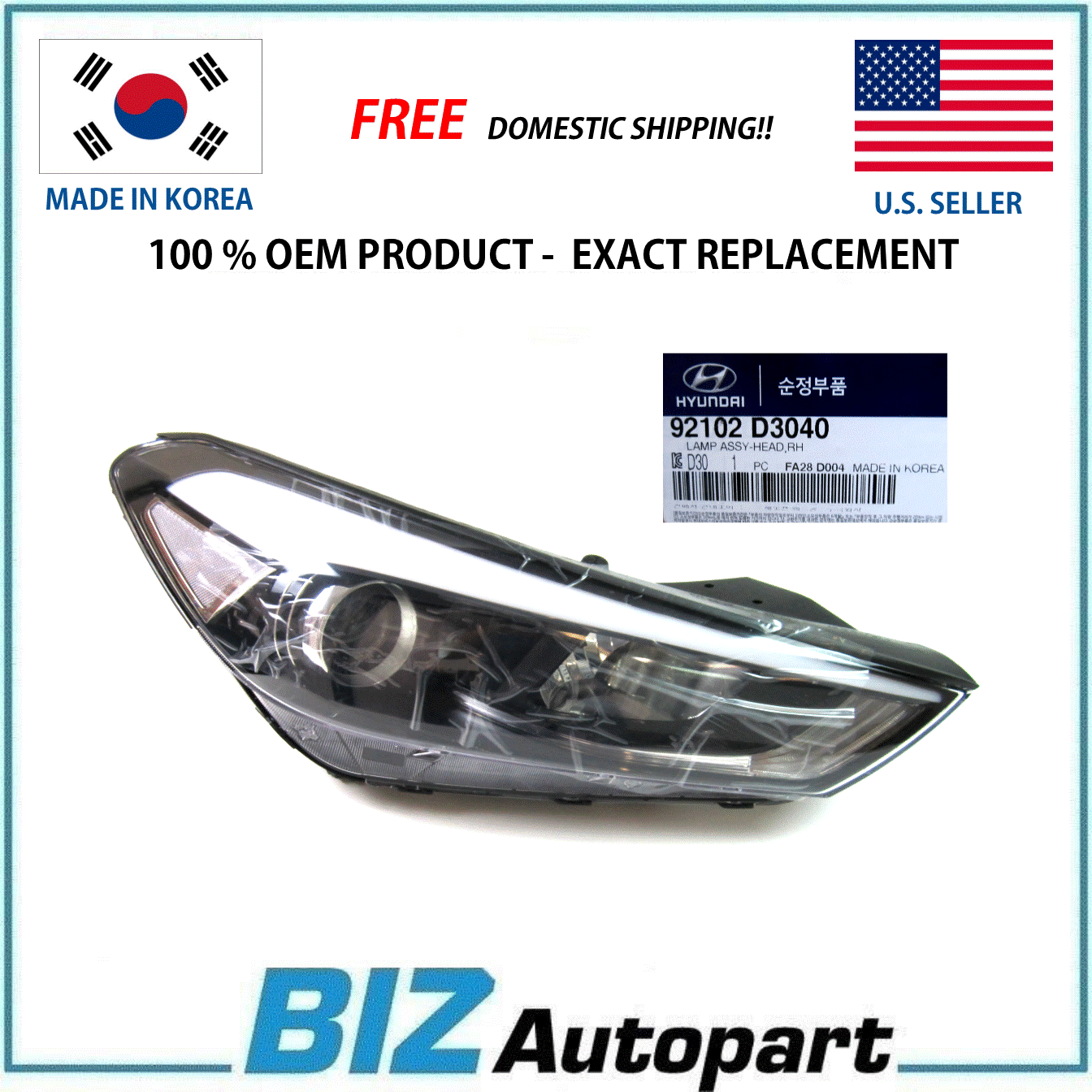 OEM Front Halogen Head Light Lamp ASSY RH 1ea for Hyundai 2016 - 2017 ...