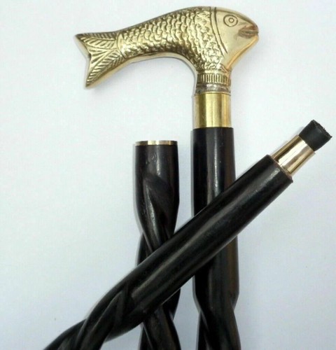 Handle Walking Stick Fish Brass Cane Wooden Antique Vintage Gift Style ...