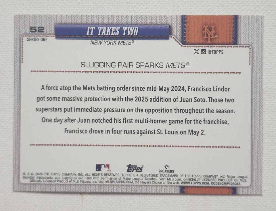 2026 Topps Series 1 It Takes Two - New York Mets Team Card #52 ...