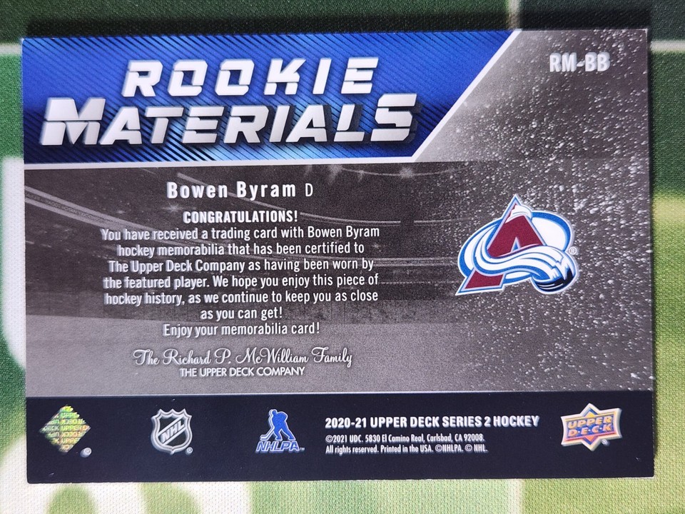 Bowen Byram 2020-21 Upper Deck Rookie Materials #RMBB RC Rookie | eBay