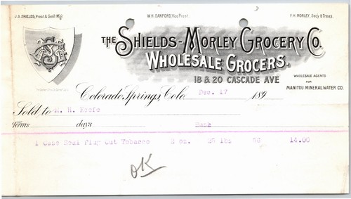 c1895 Shields-Morley Grocery Colorado Springs Letterhead M.H. Keefe Cut ...