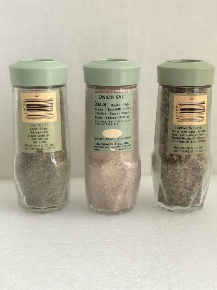 Vintage McCormick Spices Green Lid Labels Dillweed Onion Salt Tarragon ...