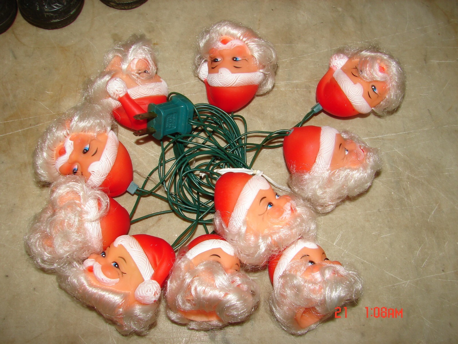 Vintage String of Plastic Santa Head Lights (10) w/ Fur Made in Taiwan ...
