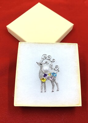 Christmas Pave Crystal Reindeer Brooch Pin BLING Large 2" Silver Tone ...
