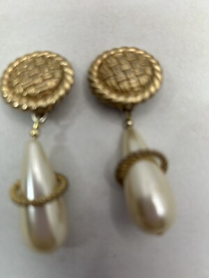 Gold Tone Large Faux Pearl Earrings Clip Dangling Teardrop | eBay