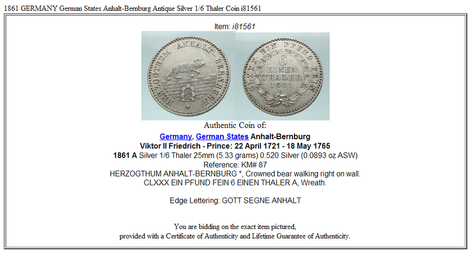 1861 GERMANY German States Anhalt-Bernburg Antique Silver 1/6 Thaler ...