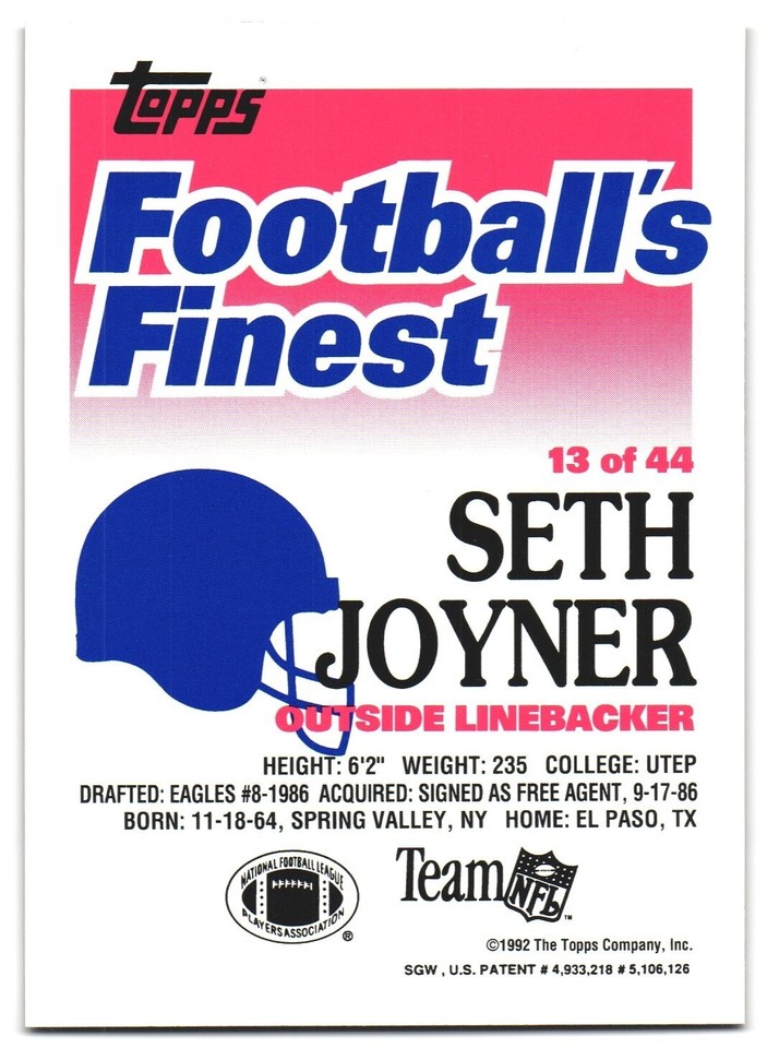 Seth Joyner 1992 Topps Finest NFL Football Trading Card #13/44 | eBay