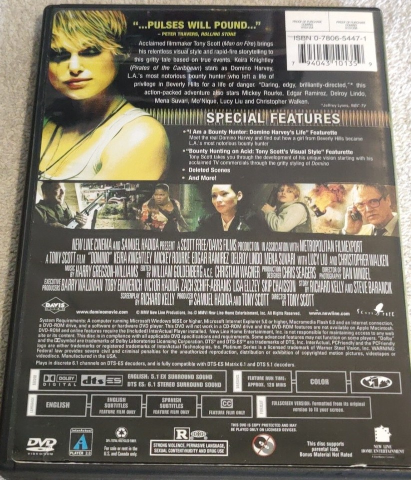 Domino DVD 2006 Full Screen Kiera Knightley Harvey Bounty Hunter Mo ...