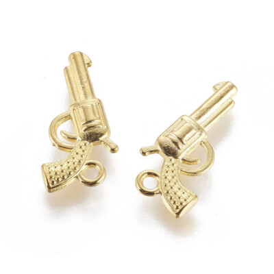 4 Gun Charms Shiny Gold Tone Pistol Pendants Western Findings 2 Sided ...