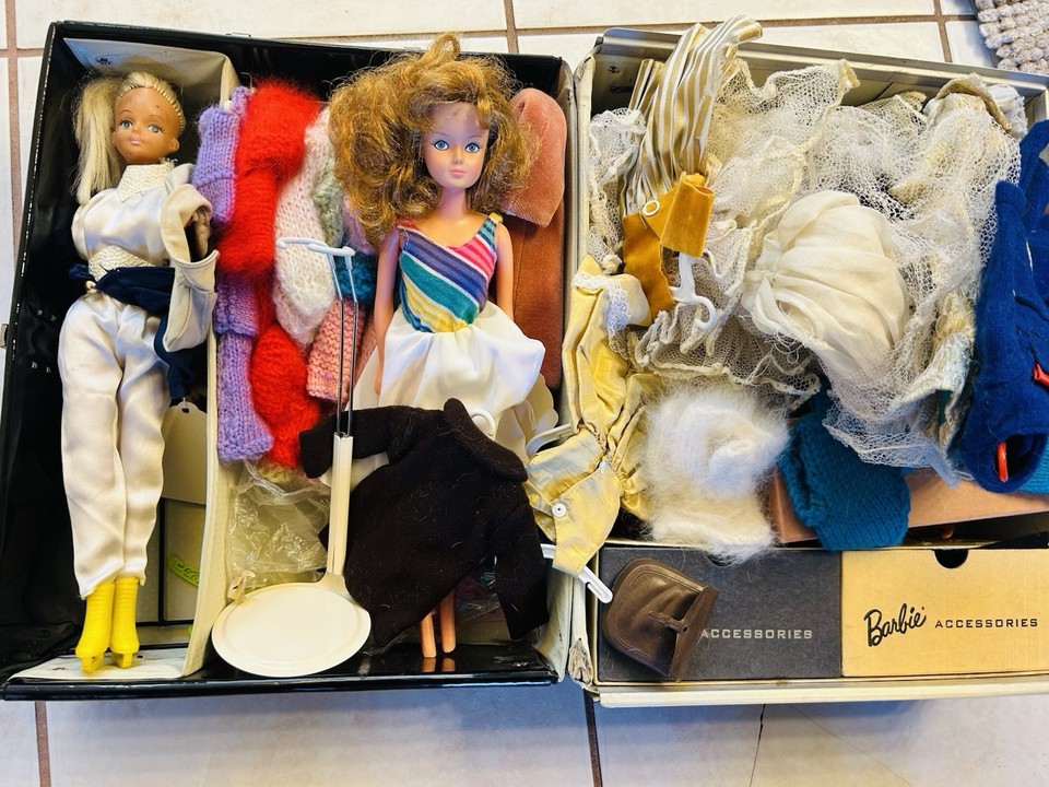 Collectors Black Vintage Barbie Box With Barbies And Clothes And ...