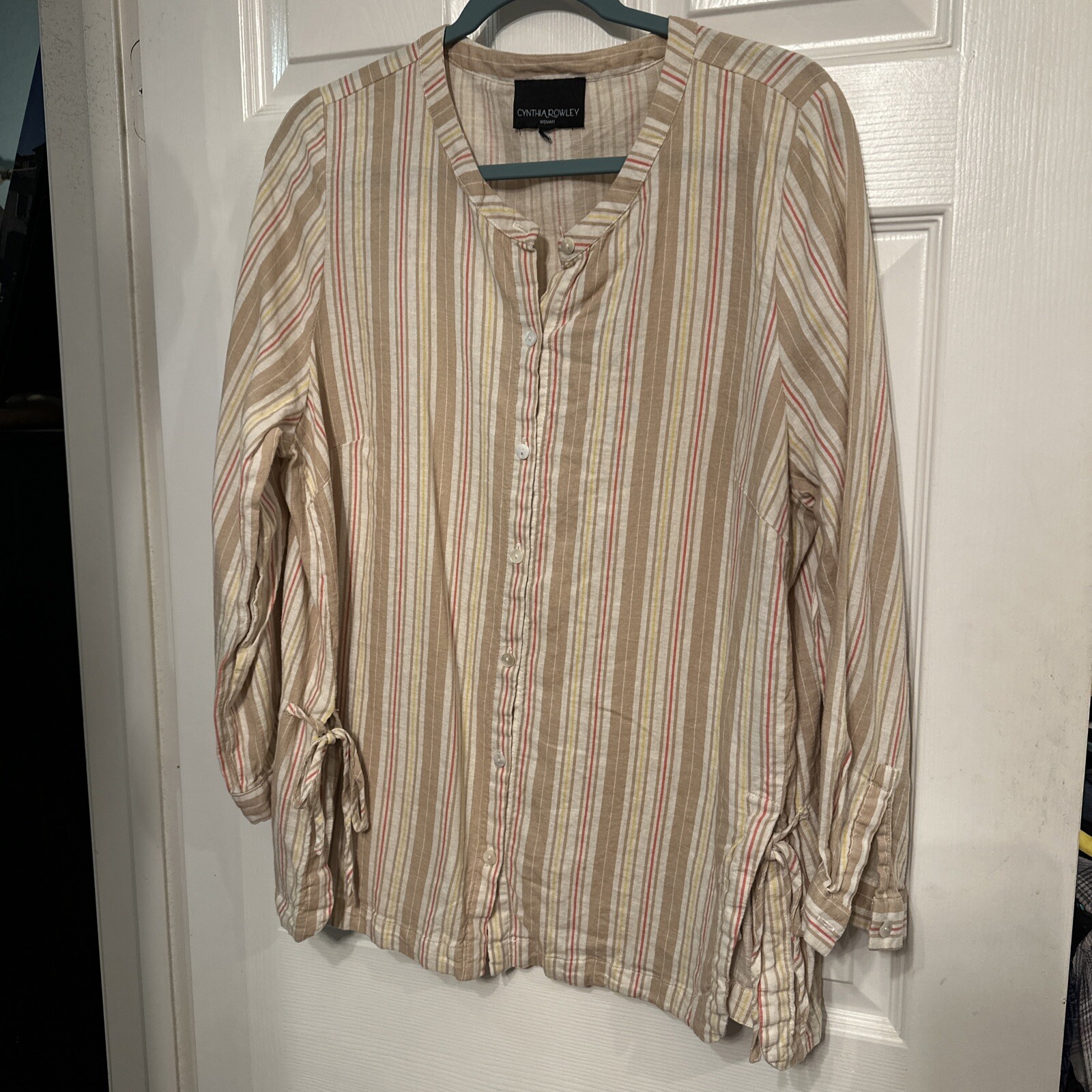 Cynthia Rowley Shirt Womens XL Stripe Button Down Linen Blend Top ...