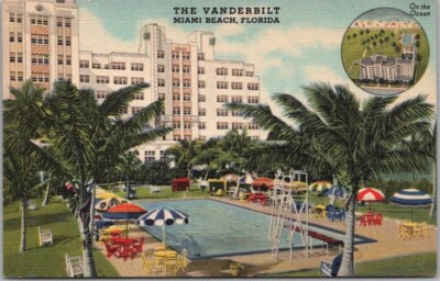 Miami Beach, Florida Postcard THE VANDERBILT HOTEL Pool Scene / Linen ...