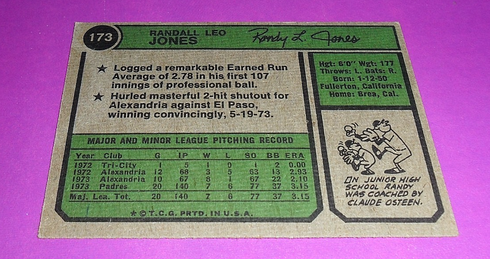 ⚾ 1974 TOPPS BASEBALL #173 Randy Jones ROOKIE San Diego Padres Signed ...