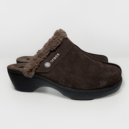 Crocs Womens Brown Suede Faux Fur Clog Mule Slip Ons Size 11 Style ...