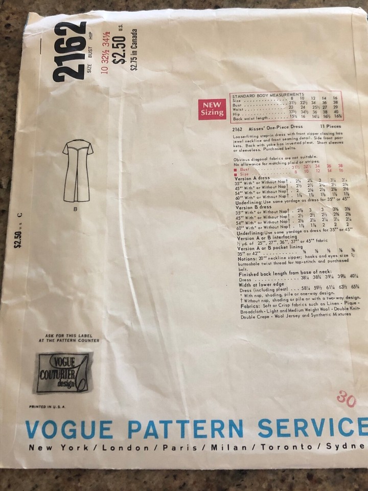 🌹 1969 VOGUE COUTURIER DESIGN #2162 - GALITZINE - LADIES DRESS PATTERN ...