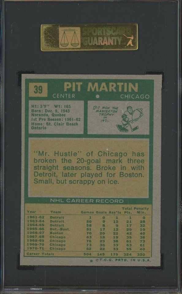 1971-72 Topps Hockey #39 Pit Martin Chicago Blackhawks SGC 8.5 NM-MT+ ...