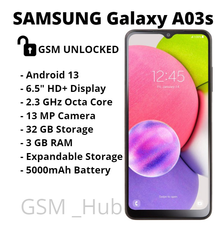 UNLOCKED- Samsung Galaxy A03s - 32GB - Black - Android 13