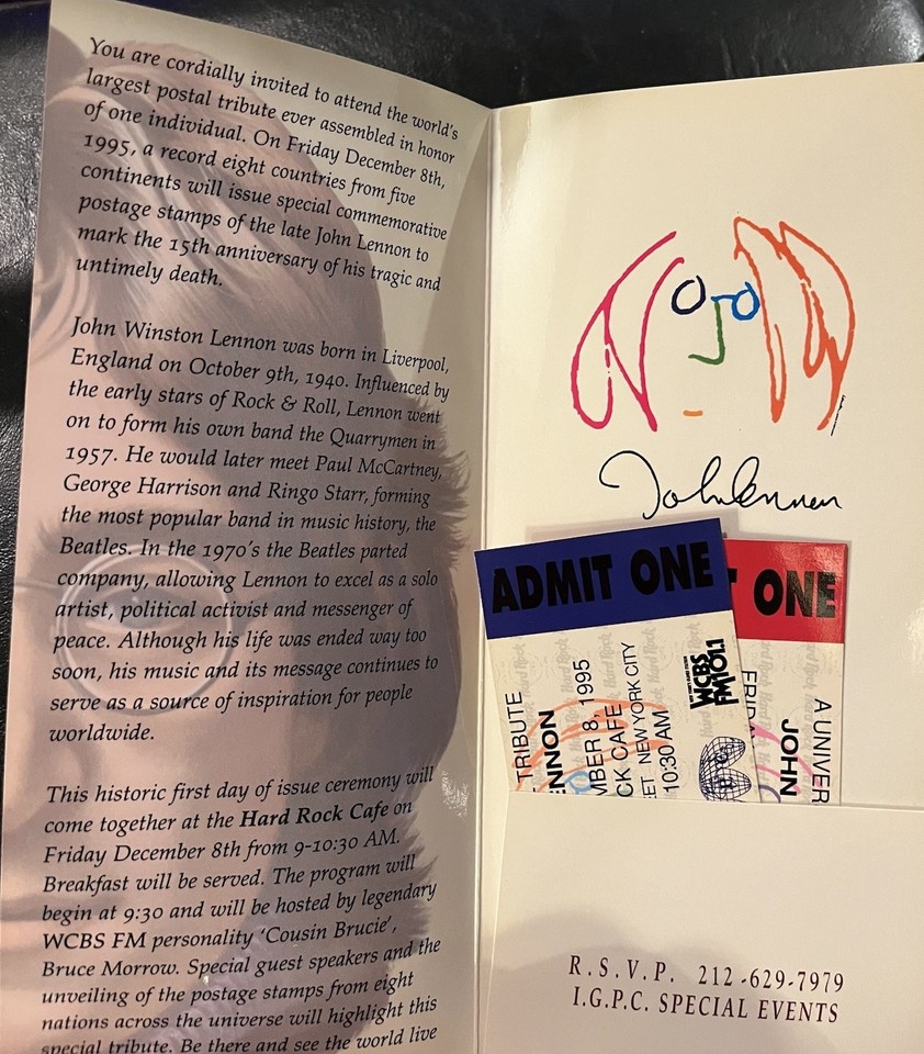 Rare: John Lennon World Postal Tribute’95 Invitation & Ticket Hard Rock ...