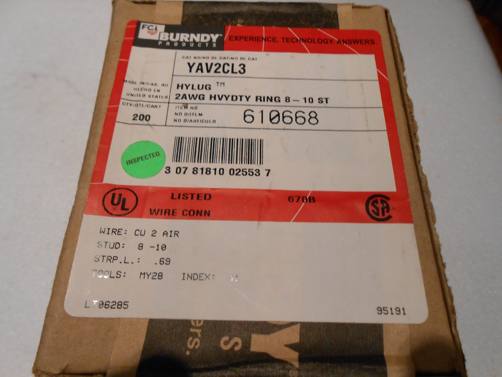 BURNDY YAV2CL3 COPPER COMPRESSION LUGS 8-10 STUD Hylug AN2 2 AWG NIB ...