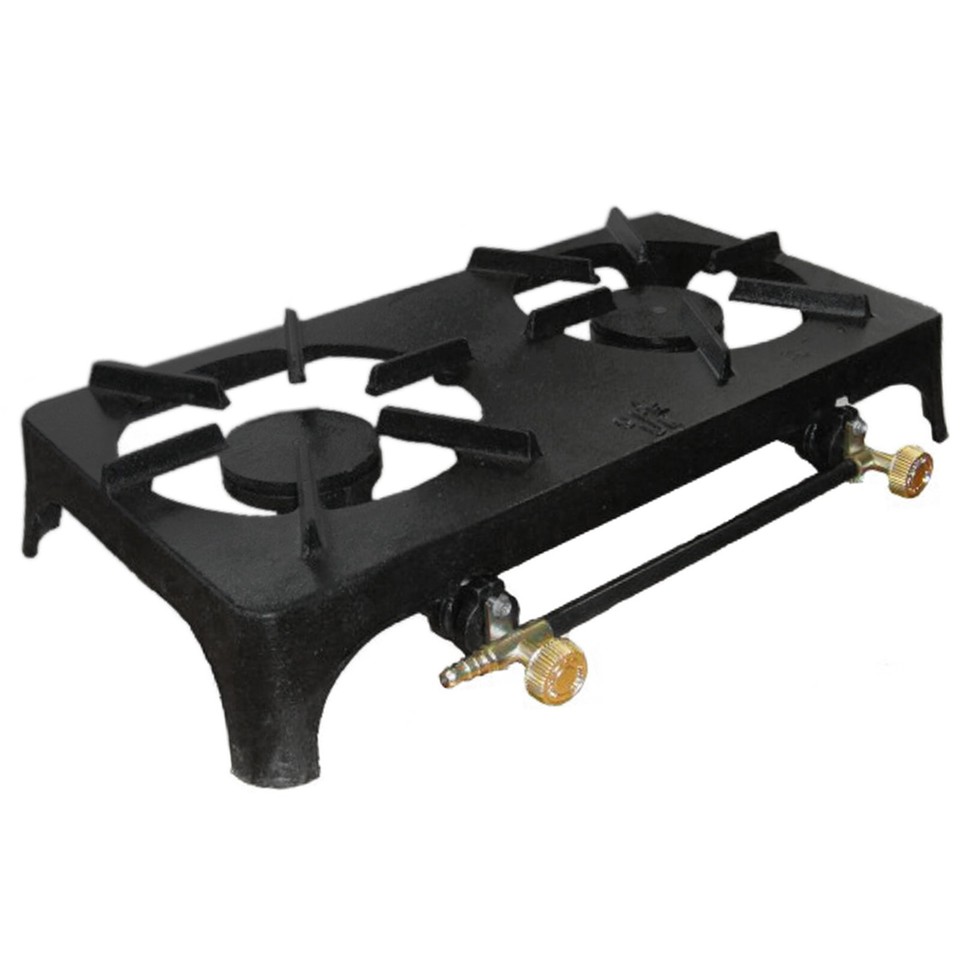 CAST IRON TWO BURNER STOVE BOILING GAS RING CLIP ON LPG REGULATOR 2M ...