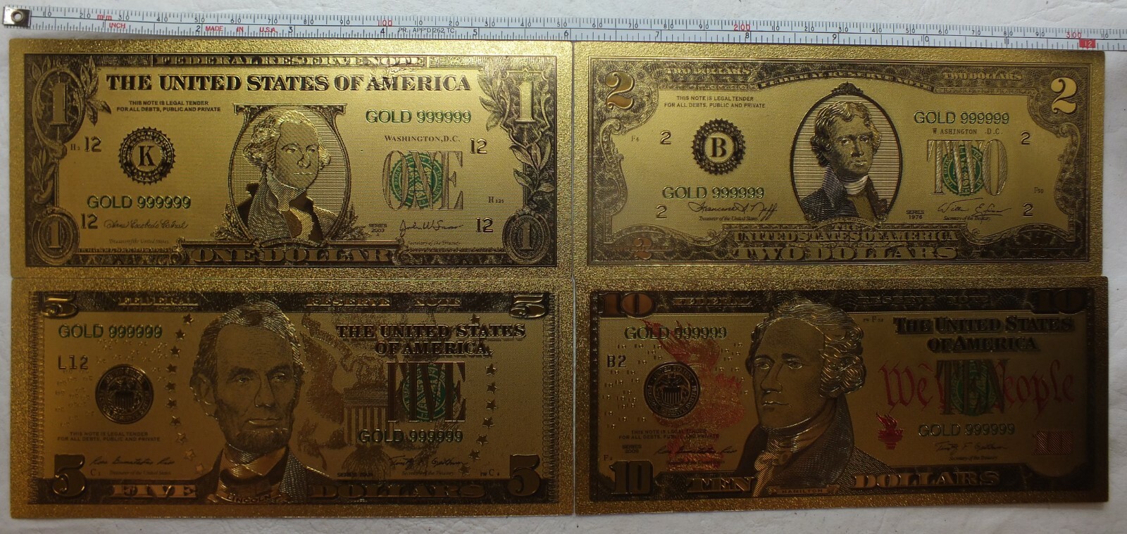 Lot of 7 Federal Reserve Gold Foil Novelty Note $100 $50 $10 $5 $2 $1 ...