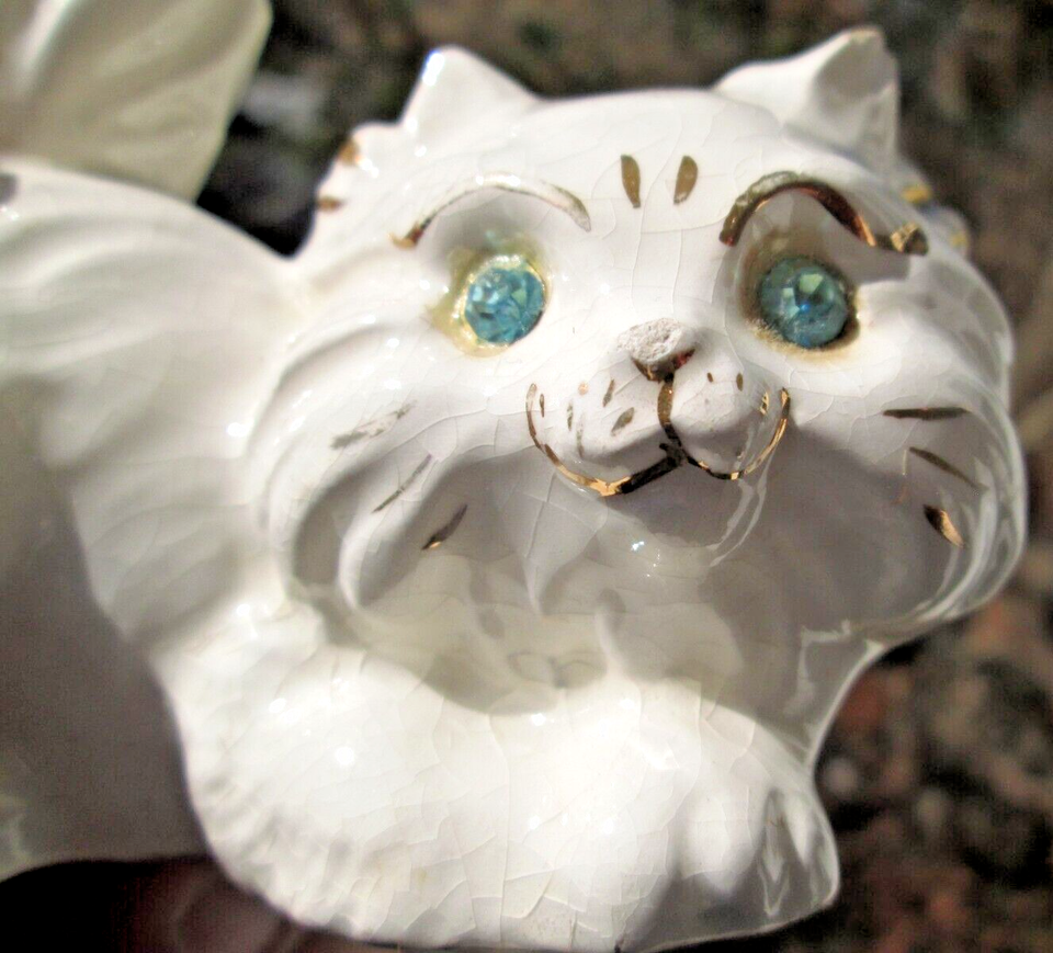Roselane Small White Porcelain Or Ceramic Cat Figurine with light blue ...
