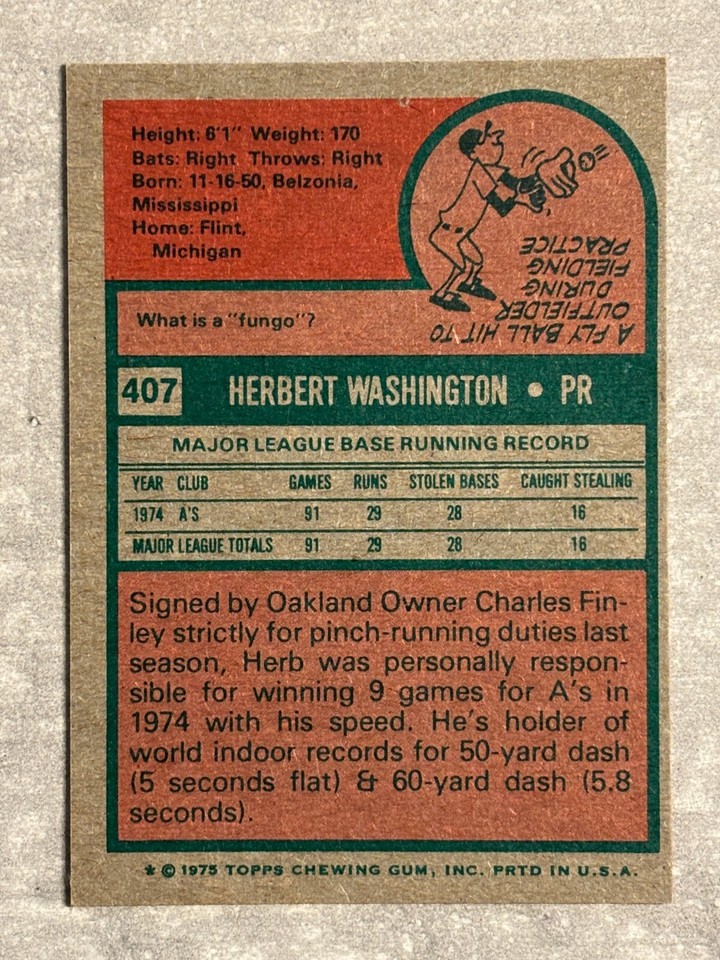 1975 Topps Mini HERB WASHINGTON "Pinch Runner" First Only 1/1 Baseball ...