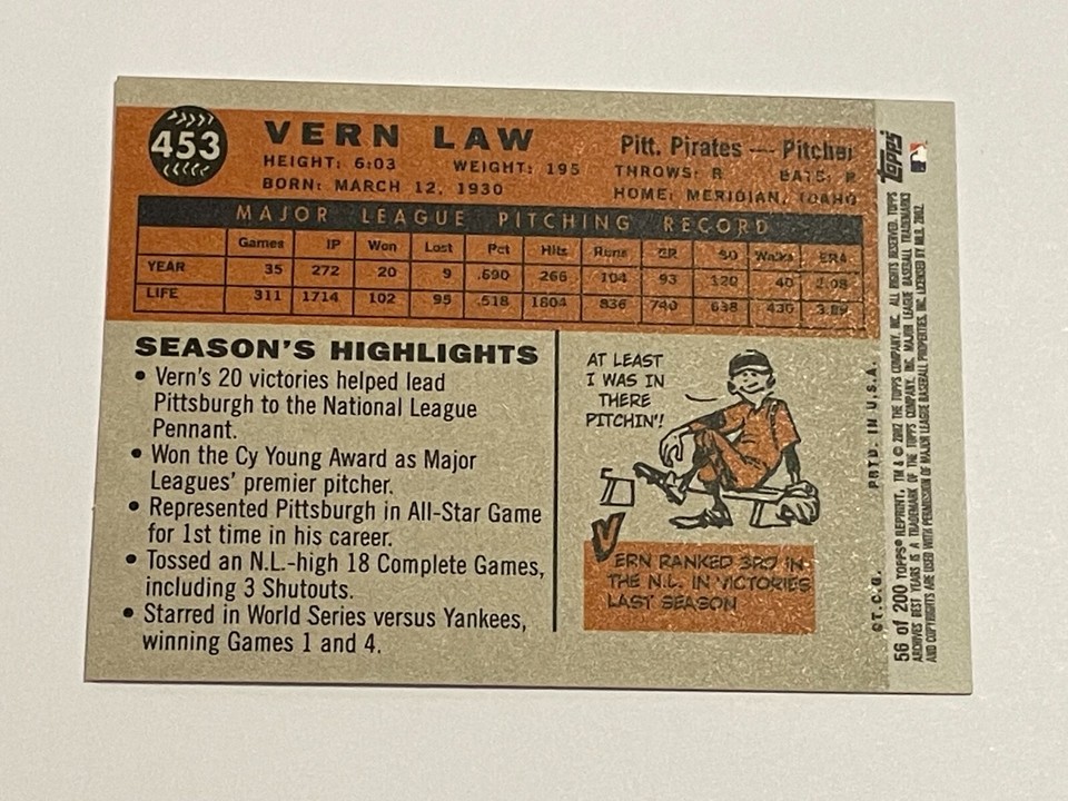 2002 Topps Archives Baseball #56 - Vern Law - Pittsburgh Pirates | eBay