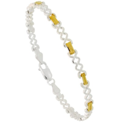 925 Sterling Silver Squiggly Link Bracelet w/ Gold Finish 5mm, 8" Long ...
