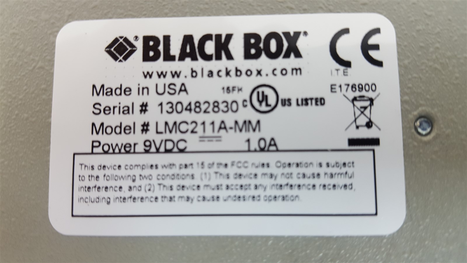 Black Box LCM211A-MM Ethernet 802.3 Fibre to Coax Converter 9VDC 1A ...