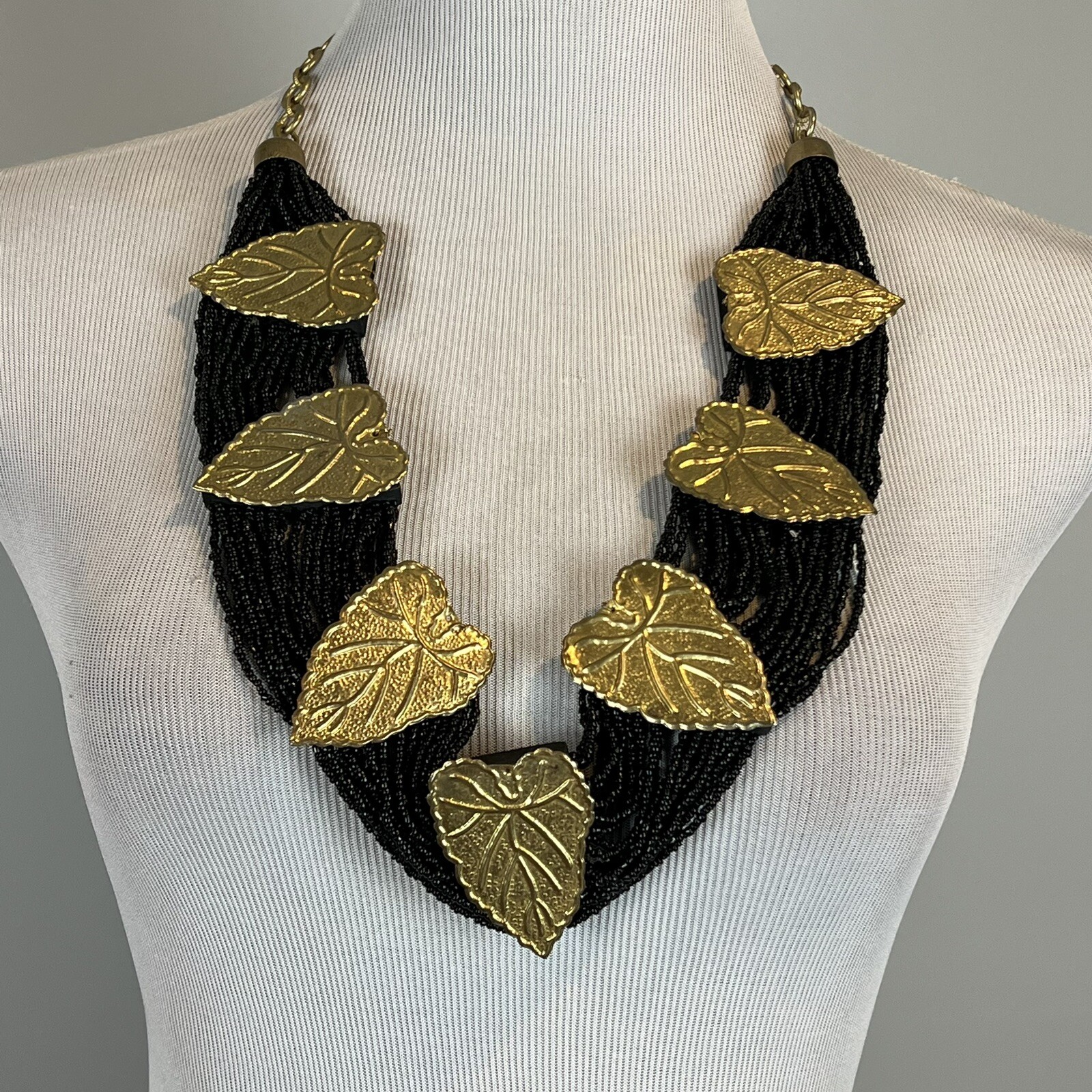 Statement Leaf Bib Necklace Brass Tone Black Beaded W… - Gem