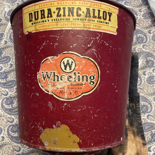 Vintage Red Wheeling Fire Pail Bucket Galvanized Zinc Alloy handled Man ...