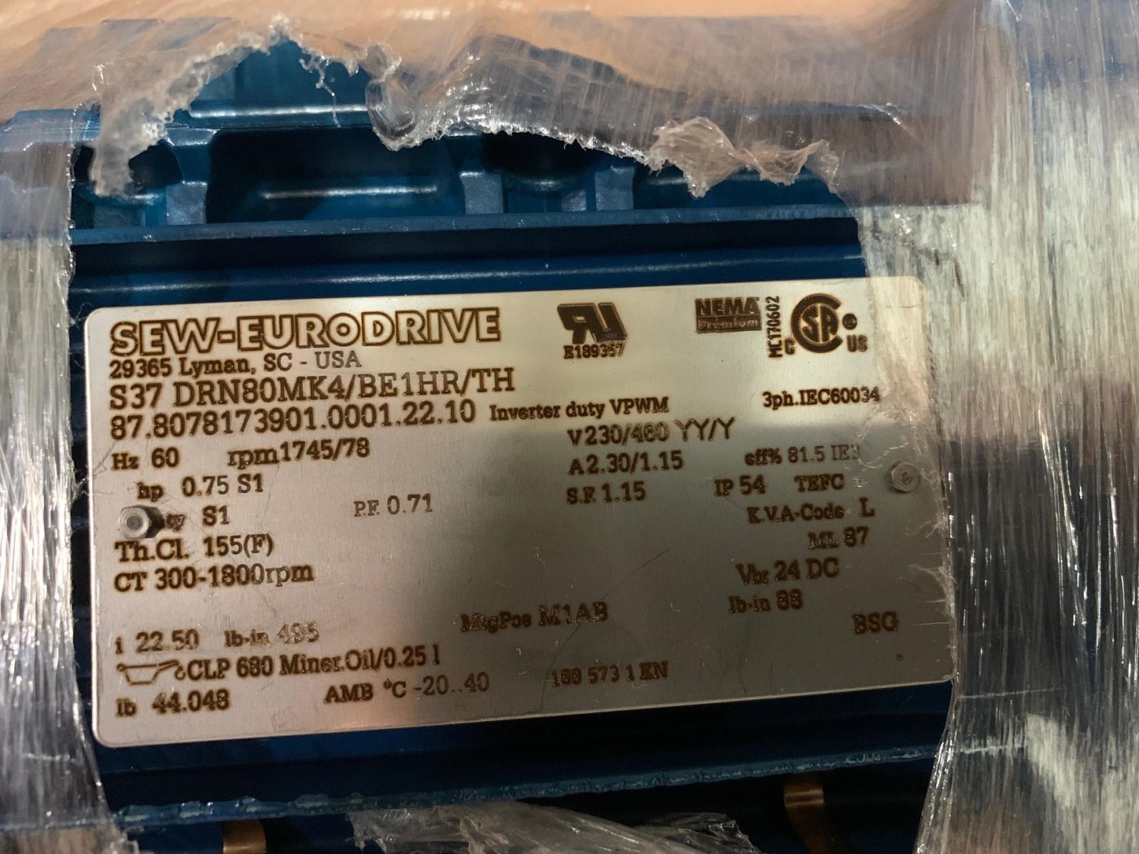 Sew Eurodrive S37 DRN80MK4/BE1HR/TH Gearmotor 78rpm 3ph 3/4hp 230/460v ...