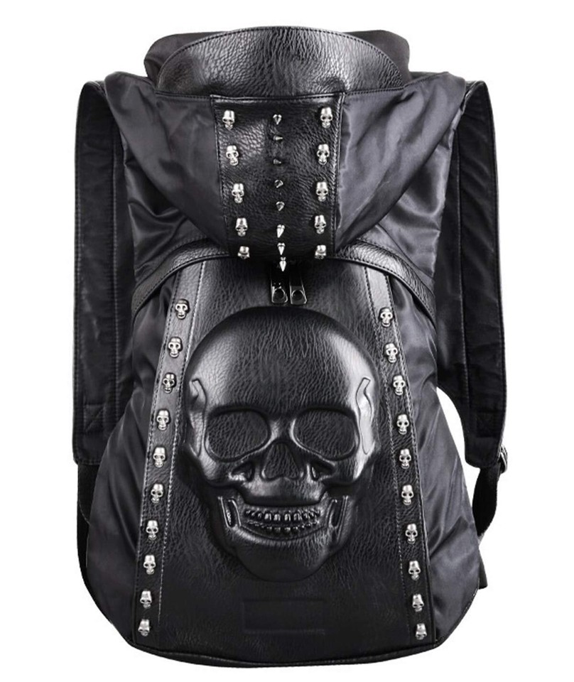 Skull Punk Art Fashion Backpack Hooded Rivet Studded Biker Purse Gothic ...
