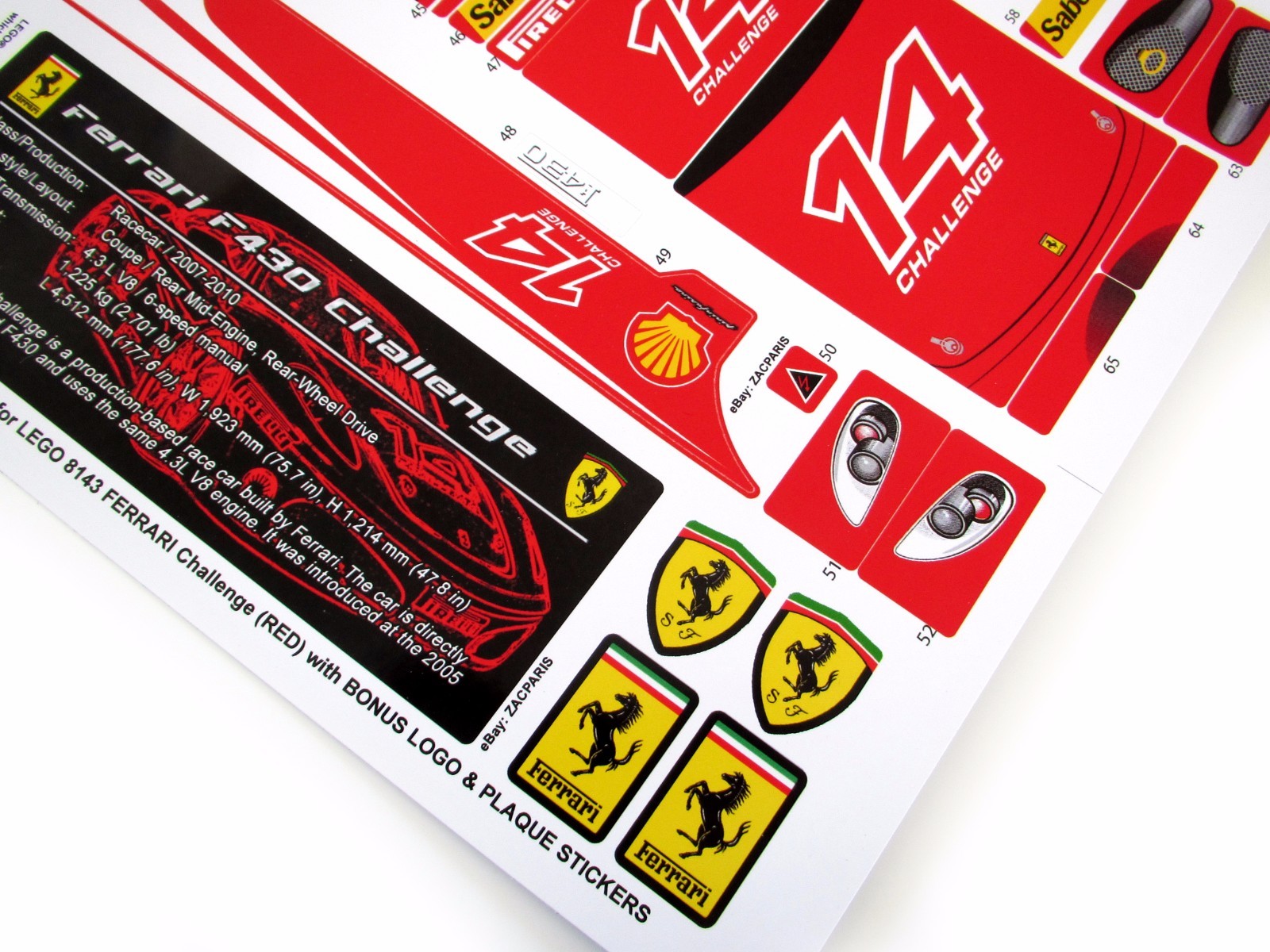 CUSTOM STICKERS for Set 8143 Ferrari F430 Challenge Red version + BONUS ...