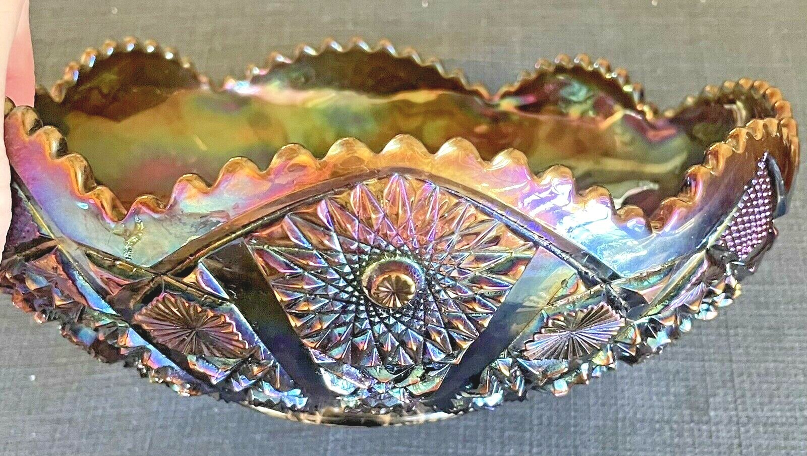 ANTIQUE IMPERIAL GLASS " OCTAGON " CARNIVAL GLASS BIG CENTERPIECE BOWL ...