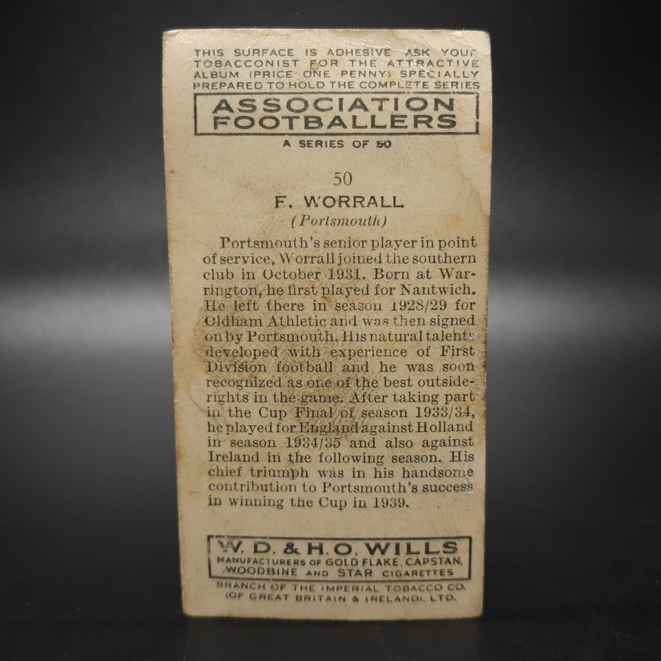 1939 Wills Association Footballers #50 Fred Worrall Tobacco Cigarette ...