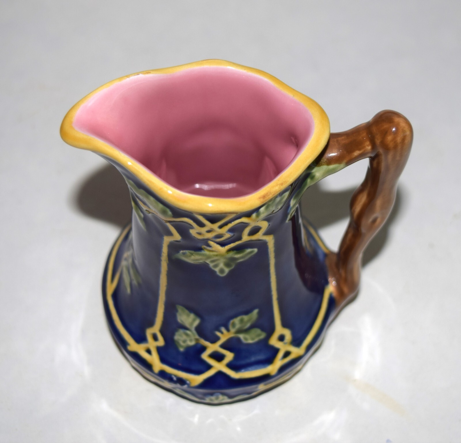 VTG Cobalt Blue Majolica Pitcher With Leaves Vines Bark Handle Sadek J ...