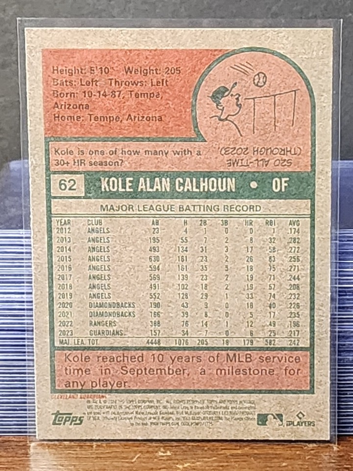 2024 Topps Heritage - Short Print #62 Kole Calhoun Guardians Autograph ...
